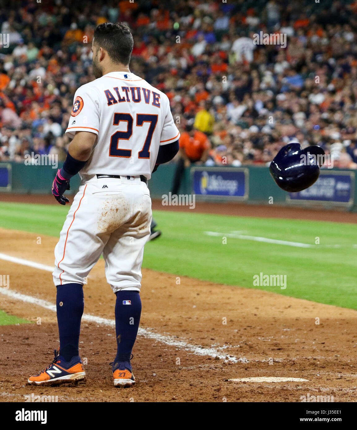 Houston, TX, USA. 2nd May, 2017. Houston Astros second baseman Jose Altuve (27) throws his ...