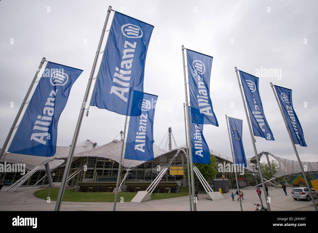 Munich, Germany. 3rd May, 2017. Flags bearing the Allianz logo in ...