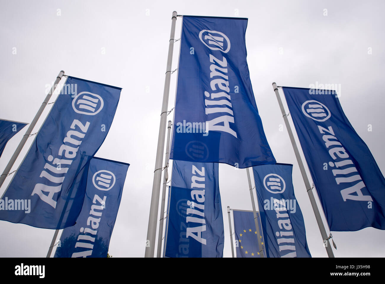 Munich, Germany. 3rd May, 2017. Flags bearing the Allianz logo in ...