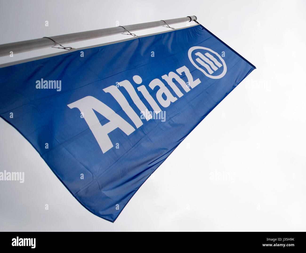 Munich, Germany. 3rd May, 2017. Flags bearing the Allianz logo in ...