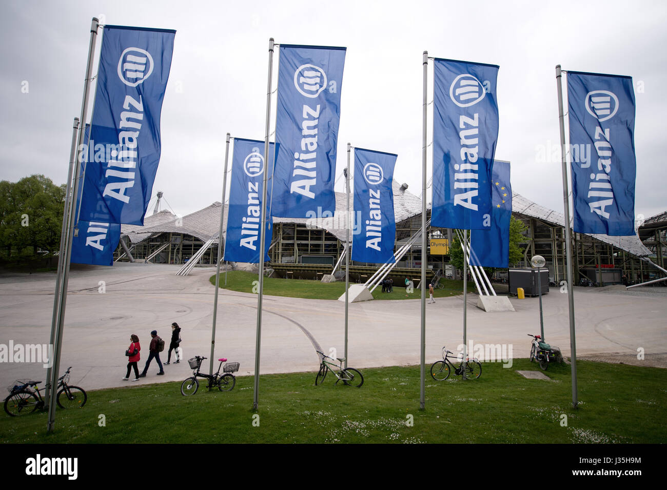 Munich, Germany. 3rd May, 2017. Flags bearing the Allianz logo in ...