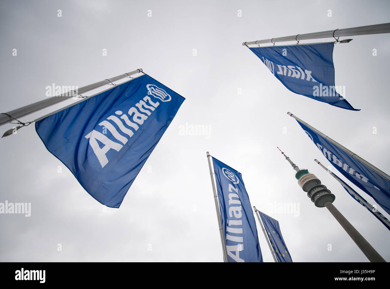 Munich, Germany. 3rd May, 2017. Flags bearing the Allianz logo in ...