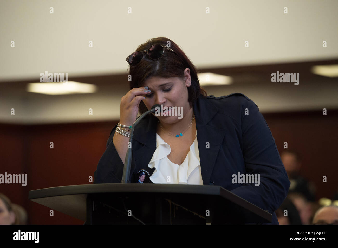 New York, NY, USA. 2nd May, 2017. GABRIELLE PENA reads a victim impact ...