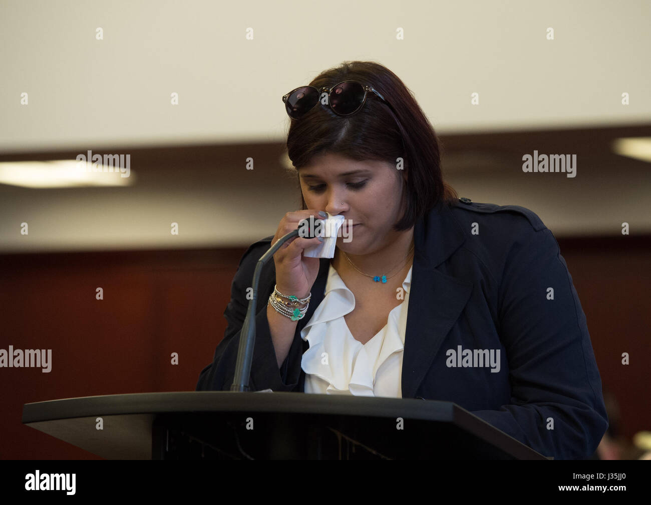 New York, NY, USA. 2nd May, 2017. GABRIELLE PENA reads a victim impact ...