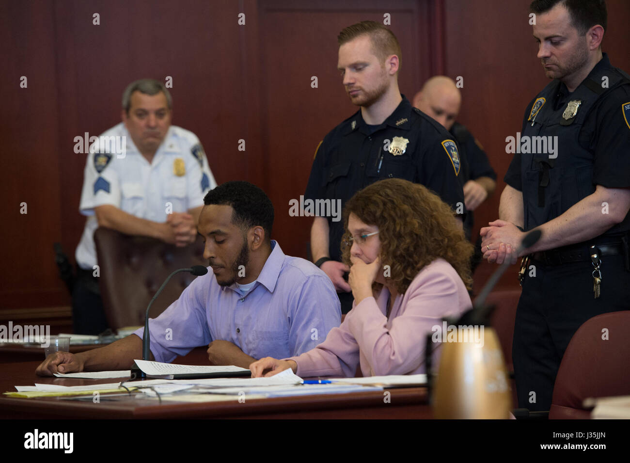 New York, NY, USA. 2nd May, 2017. DOMONIC WHILBY reads a statement ...