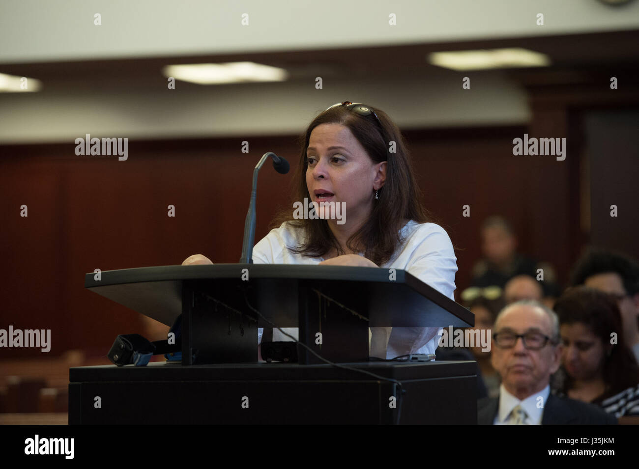New York, NY, USA. 2nd May, 2017. NANCY RODRIGUEZ reads a victim impact ...