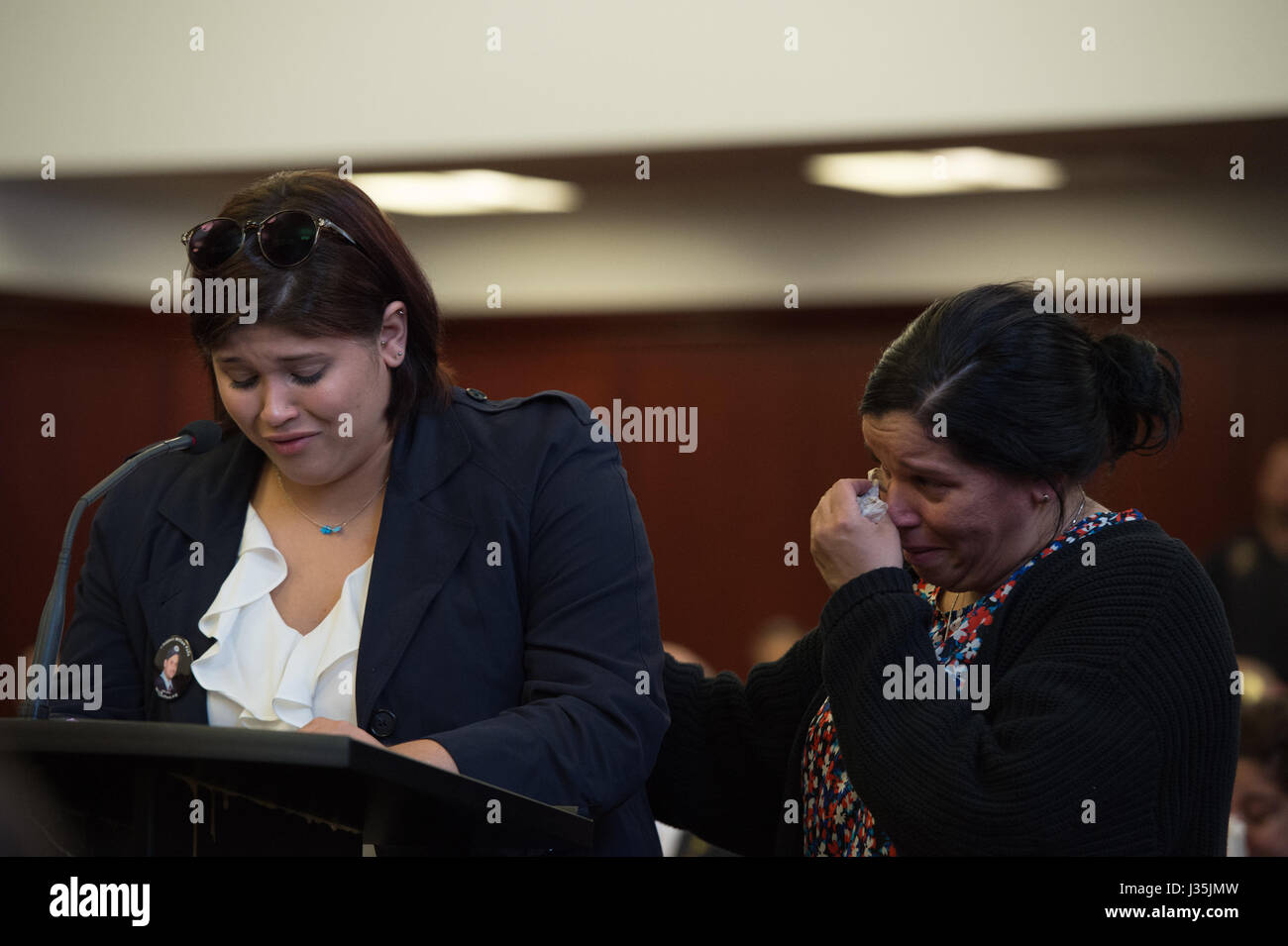 New York, NY, USA. 2nd May, 2017. GABRIELLE PENA reads a victim impact ...