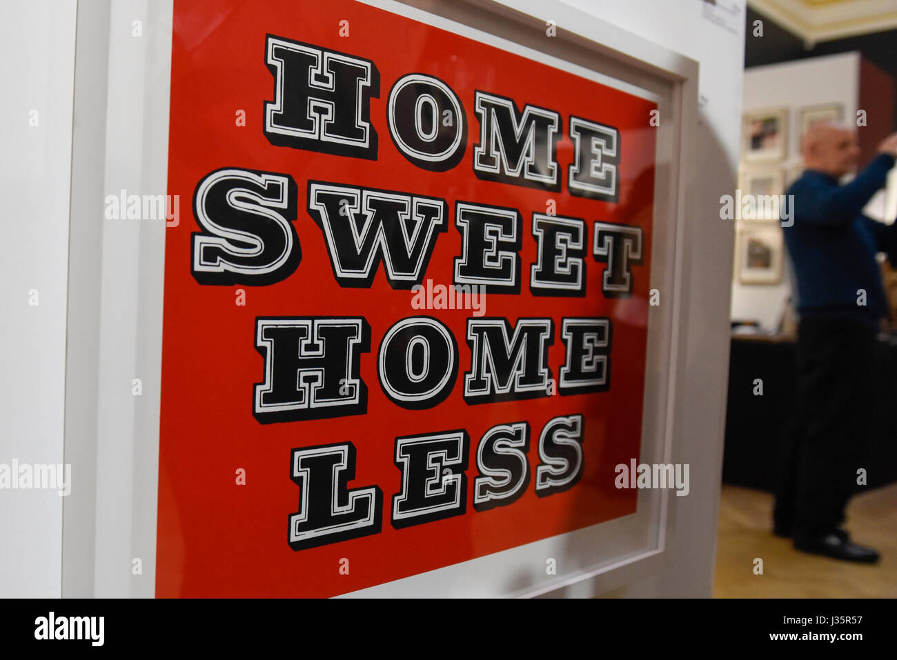 London, UK. 3 May 2017. A screenprint called ""Home Sweet Homeless (Red ...
