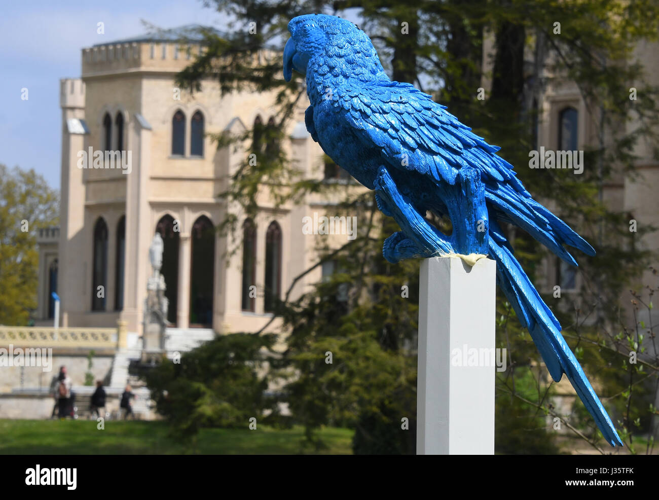 Potsdam, Germany. 03rd May, 2017. A sculpture of a bluew macaw in the ...