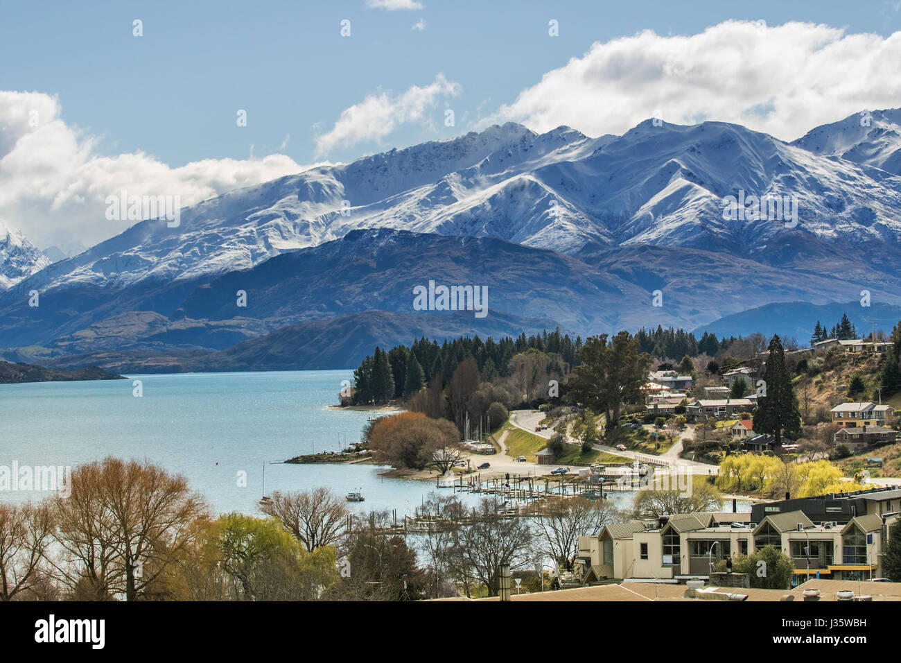 beautiful top view land scape of lake wanaka town in cloudy day spring ...