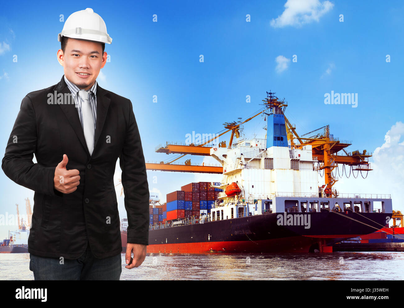 business man and comercial ship with container on port use for import ...
