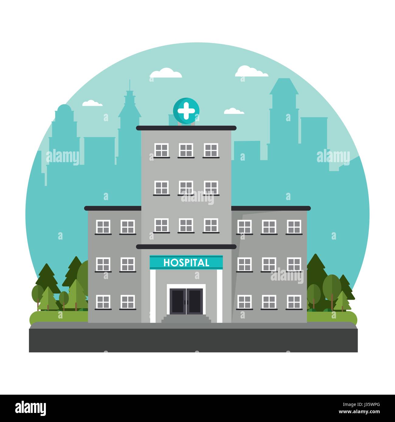 hospital building windows door facade cross tree urban Stock Vector ...