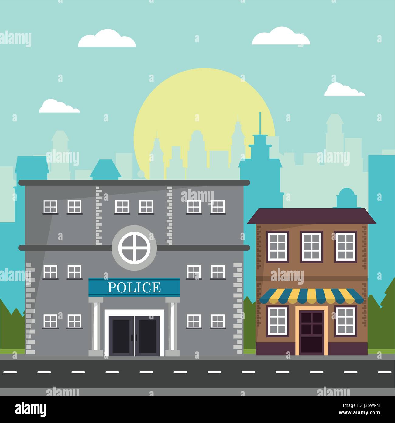 police store shop building board natural city background Stock Vector ...