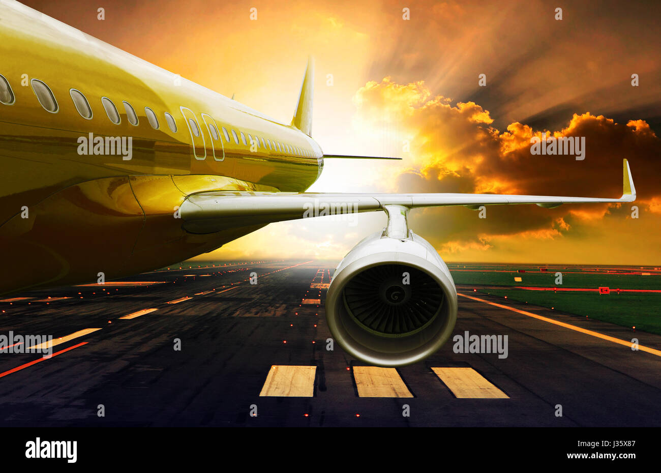 passenger plane take off from runways against beautiful dusky sky with ...