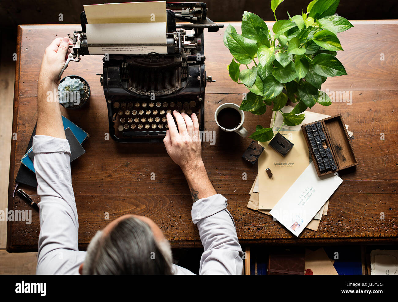 Man Using Typing Retro Typewriter Machine Work Writer Stock Photo - Alamy