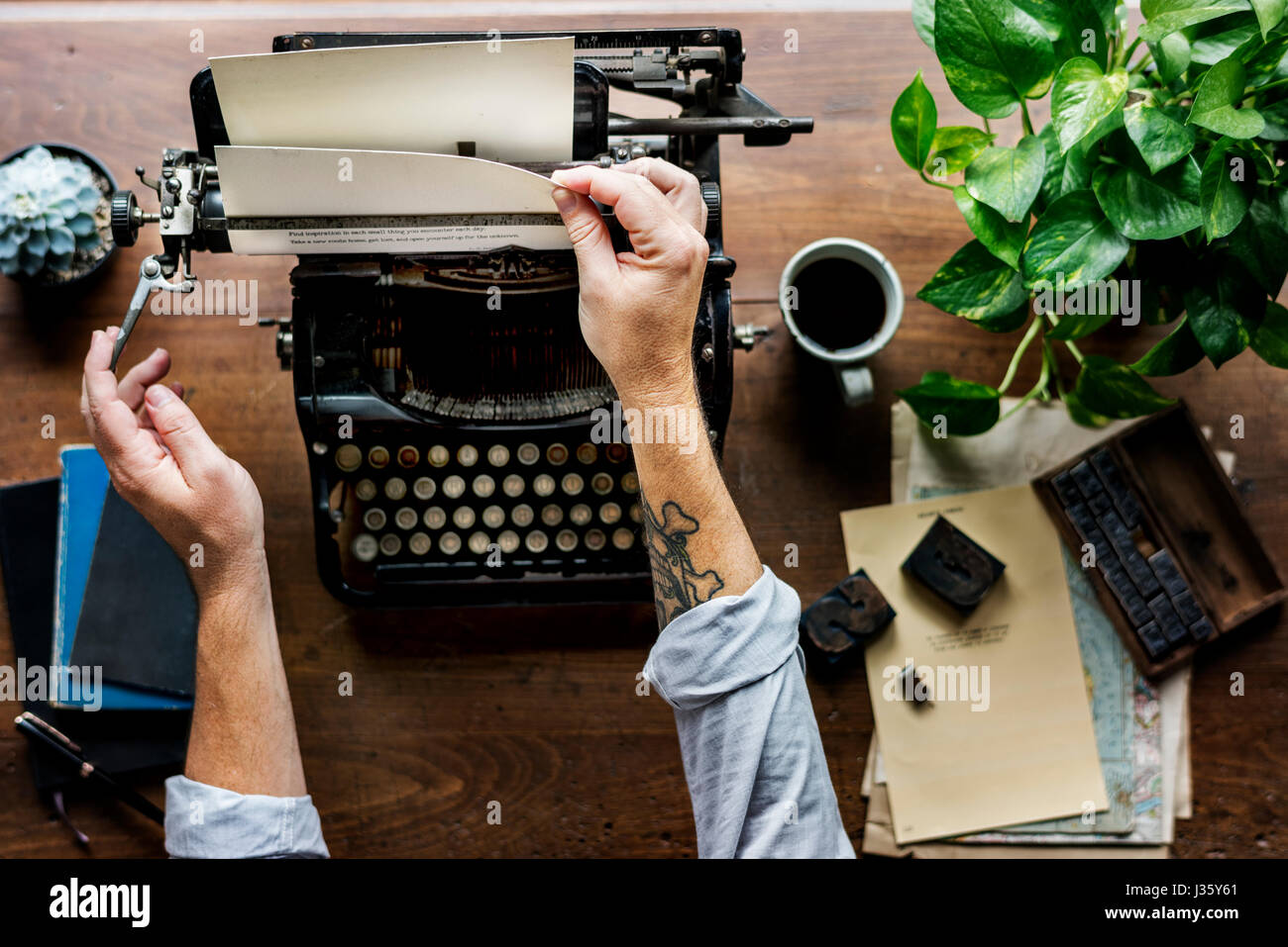 Man Using Retro Typewriter Machine Work Writer Changing Paper Stock ...