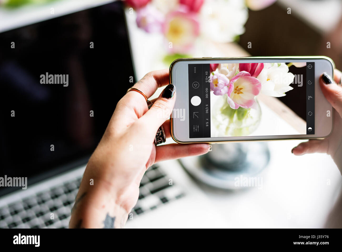 Woman Hands Using Mobile Phone Capture Photo with Laptop Background ...