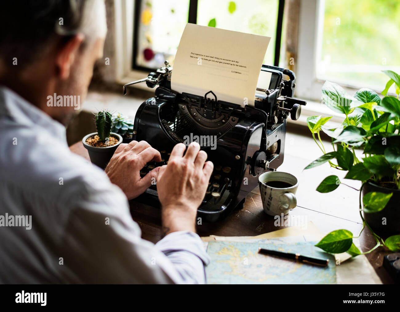 Man Using Retro Typewriter Machine Work Writer Stock Photo - Alamy