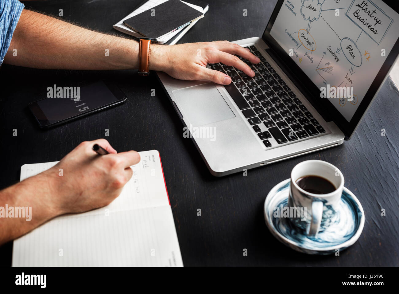 Man Hand Writing Startup Business Note from Laptop Stock Photo - Alamy