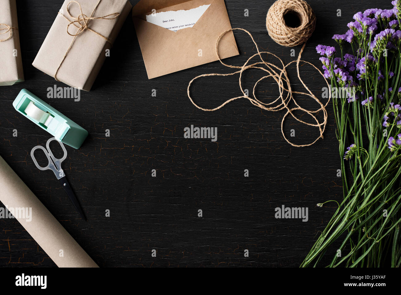 Statis Flowers Arrangement with Present Gift Box Copy Space Stock Photo ...