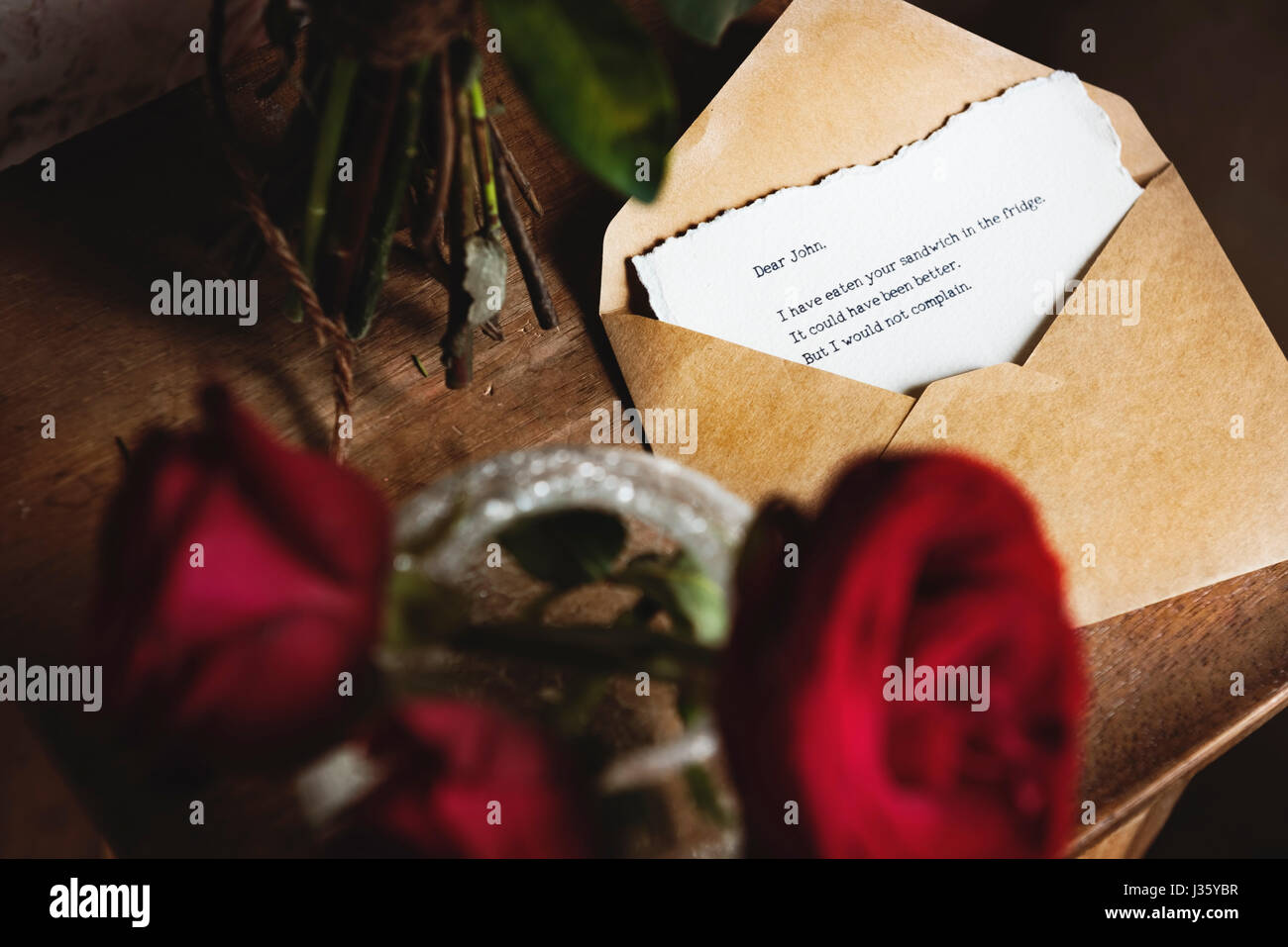 Letter Envelope Note Message with Roses Flower Stock Photo - Alamy