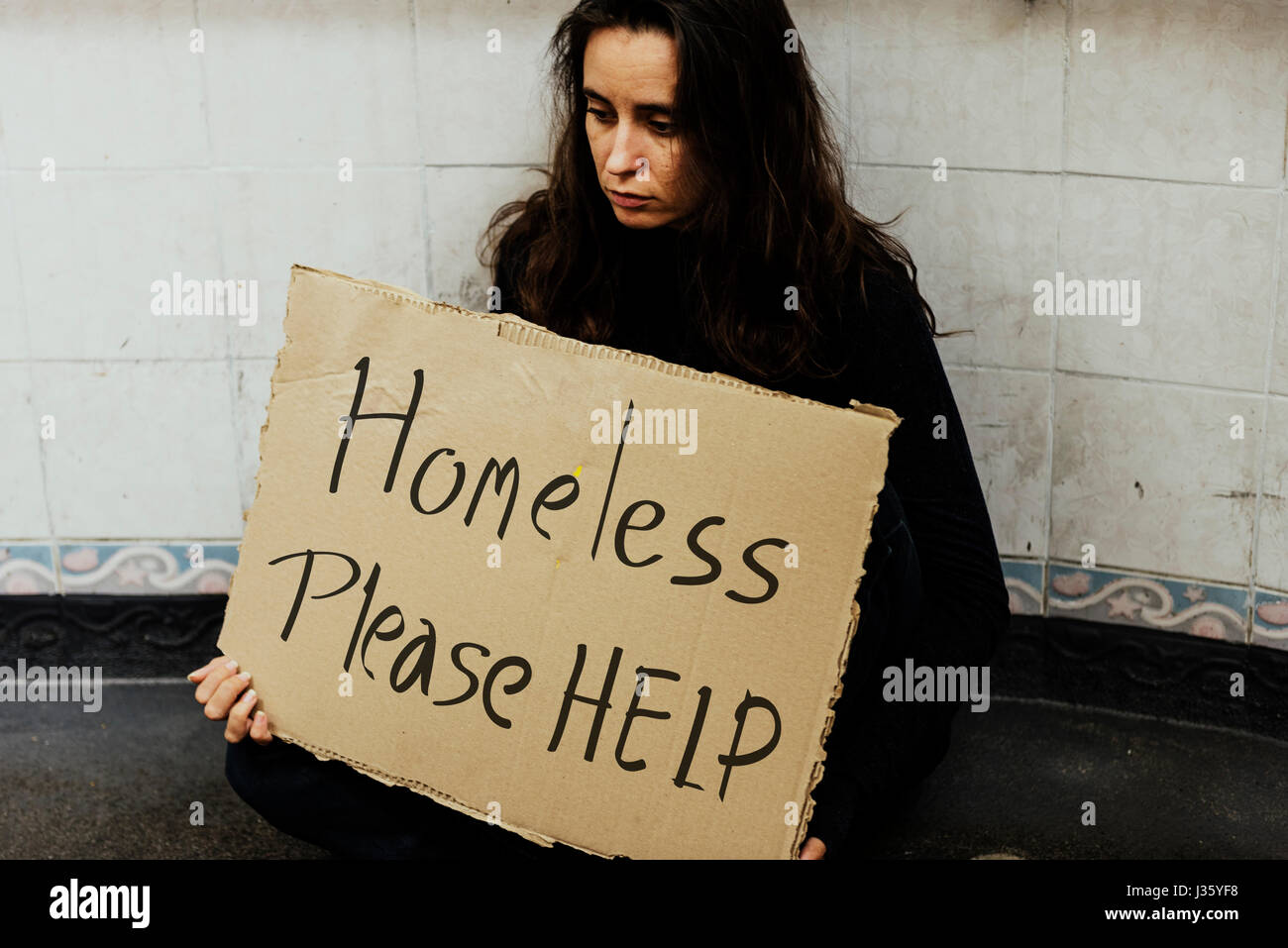 Homeless Hungry Woman Asking for Help Stock Photo - Alamy