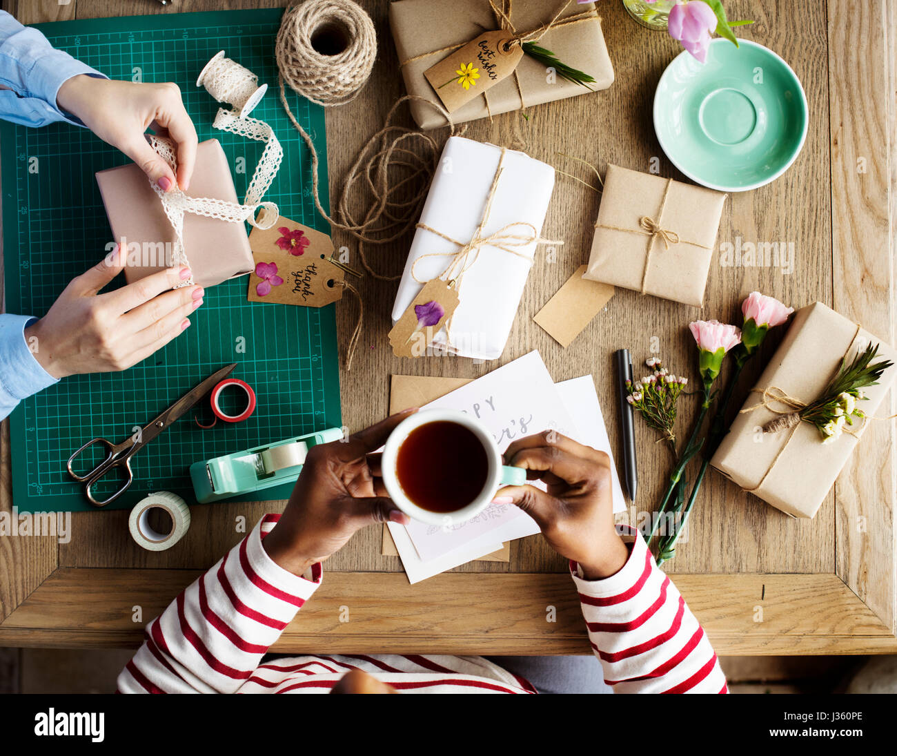 Hands Wrapping Present Gift Box Paper Work Handicraft Stock Photo - Alamy