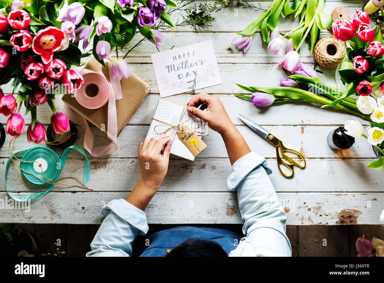 Florist Making Fresh Flowers Bouquet Arrangement with Happy Mother Day ...