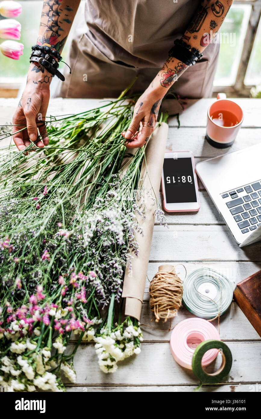 Florist Making Fresh Flowers Bouquet Arrangement Stock Photo - Alamy