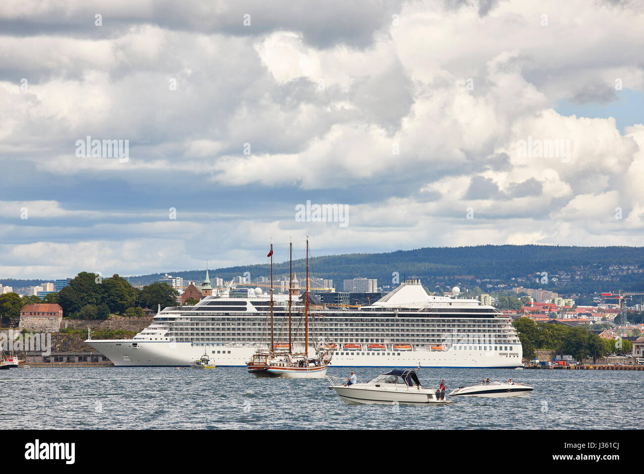 Norway. Oslo harbor with boats and cruise. Travel tourism background ...