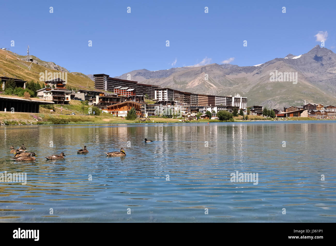 lake of Tignes in summer with ducks Stock Photo - Alamy