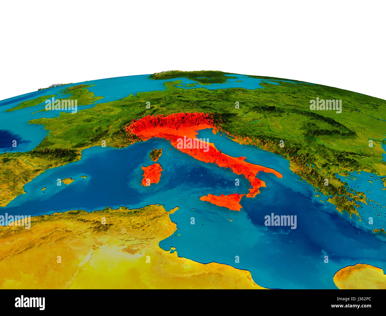 Italy highlighted in red on detailed model of planet Earth. 3D ...