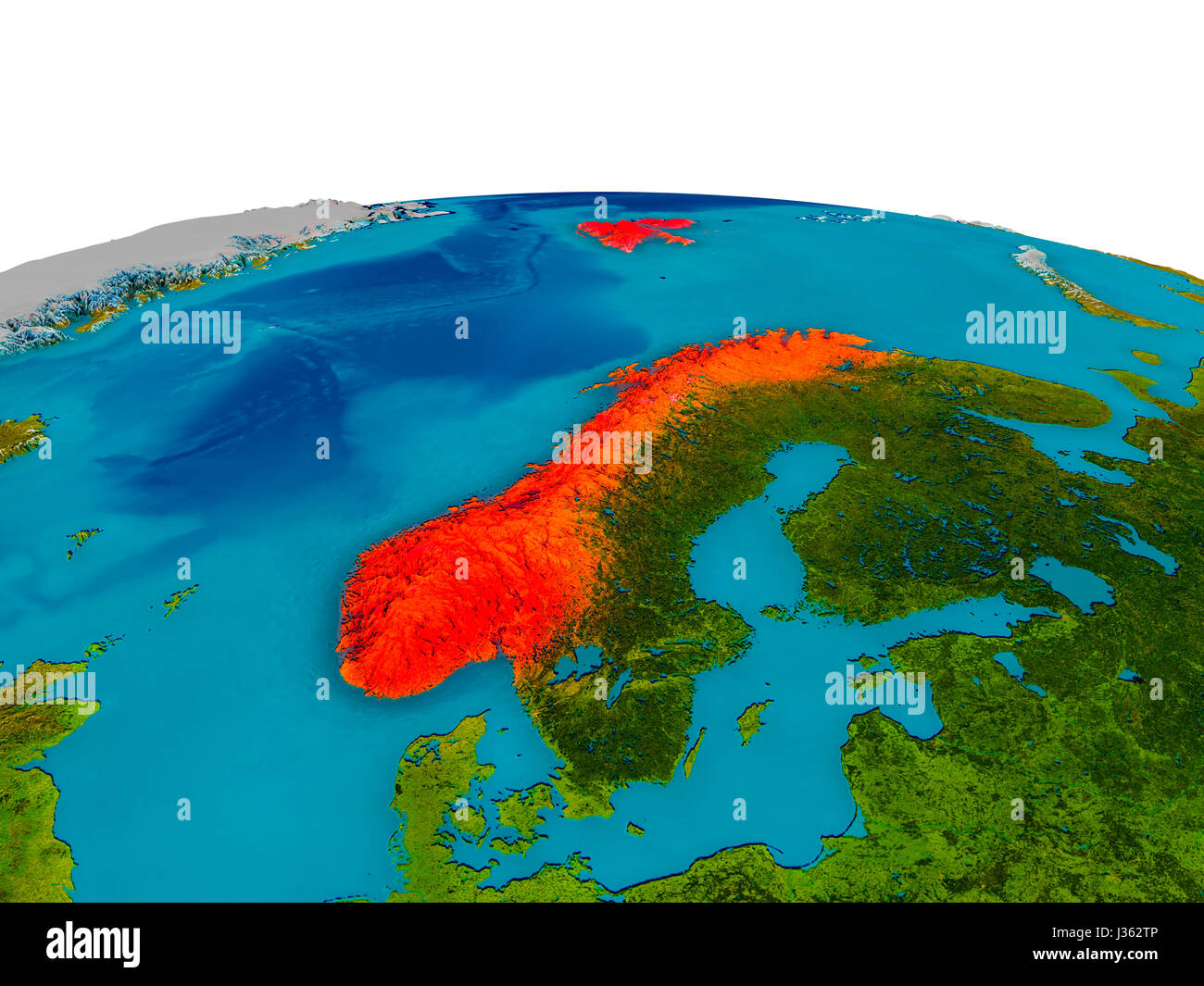 Norway highlighted in red on detailed model of planet Earth. 3D illustration. Elements of this ...