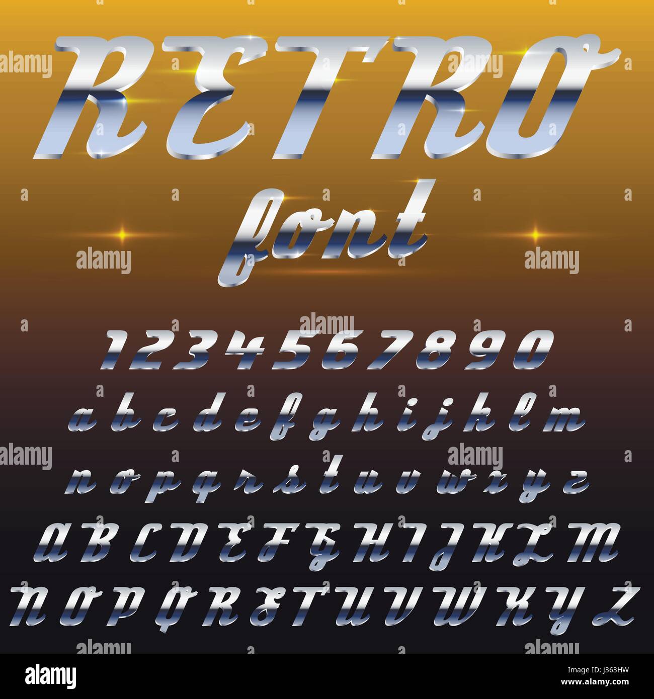 Chrome shiny retro, vintage font, typeface, mado of metal or steel ...