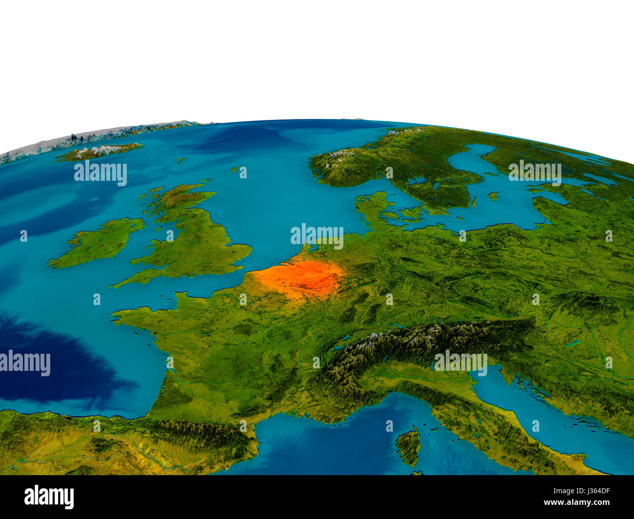 Belgium highlighted in red on detailed model of planet Earth. 3D illustration. Elements of this ...