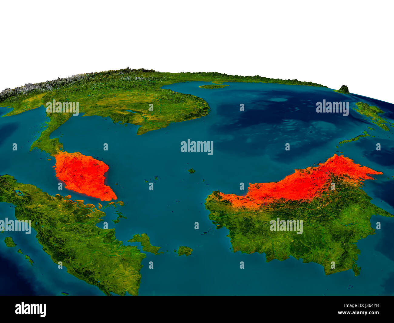 Malaysia highlighted in red on detailed model of planet Earth. 3D ...