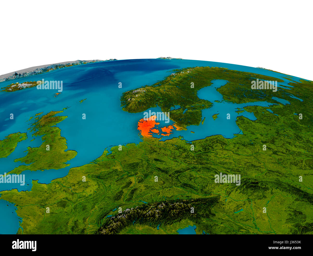 Denmark highlighted in red on detailed model of planet Earth. 3D illustration. Elements of this ...