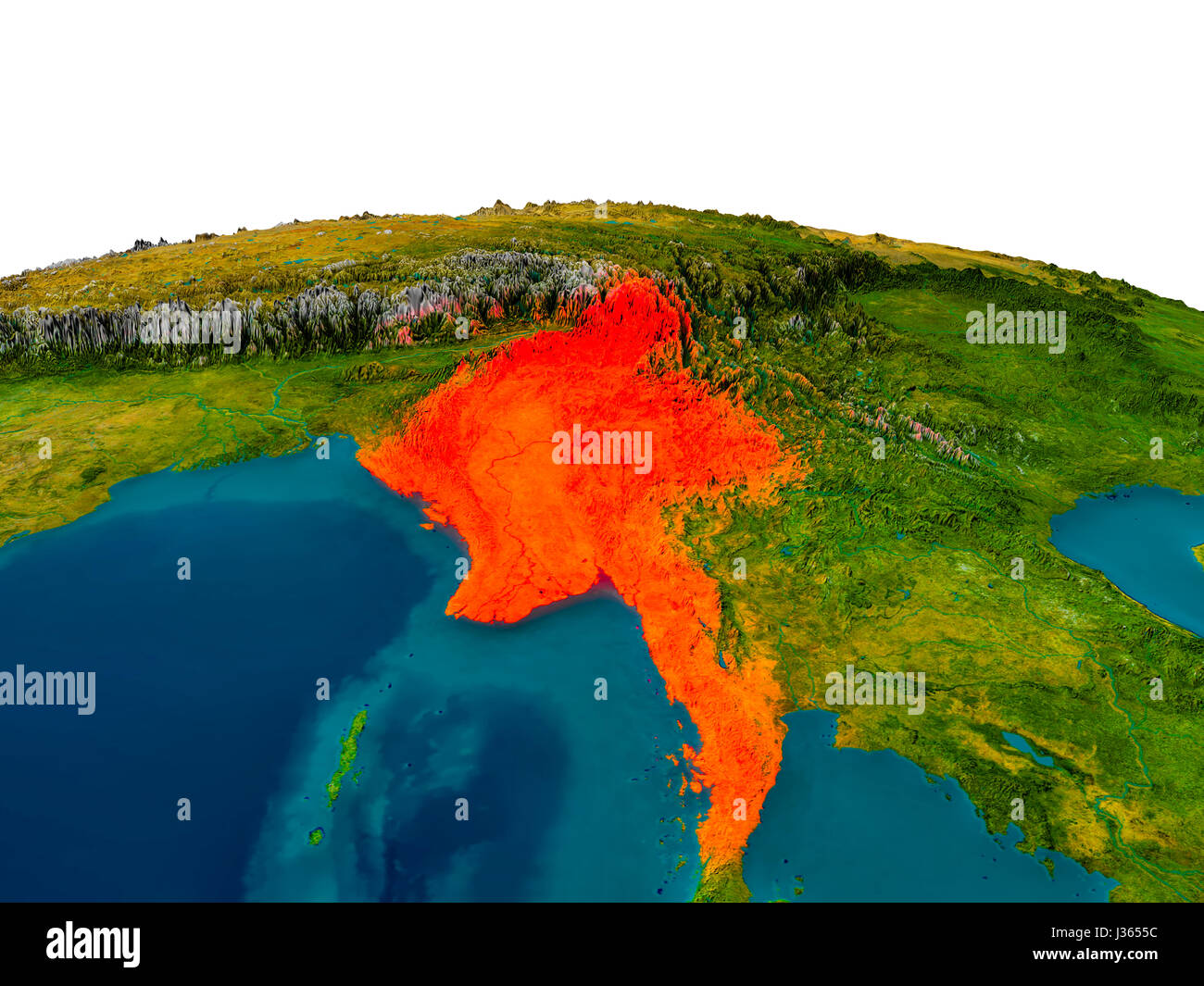 Myanmar highlighted in red on detailed model of planet Earth. 3D ...