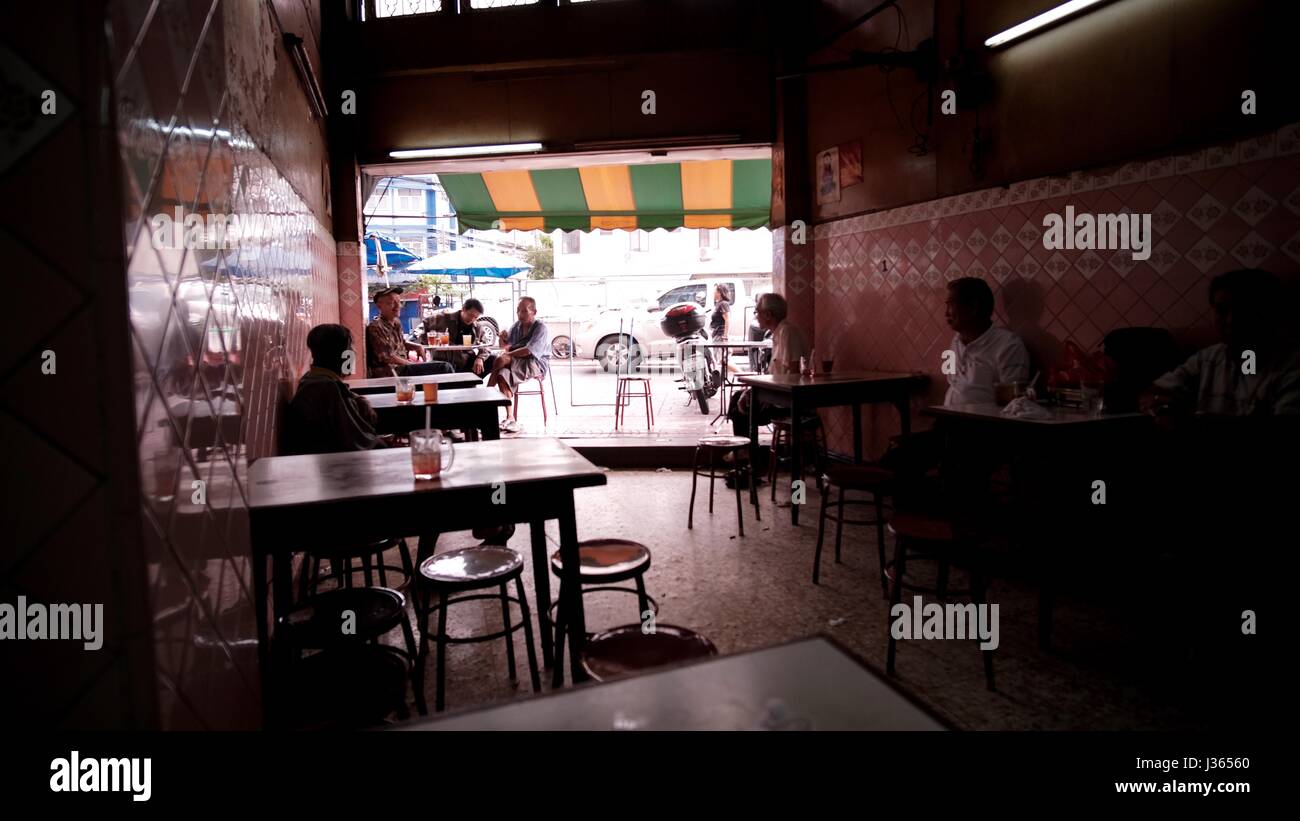 inside looking out of vintage old fashion coffee shop Chinatown Bangkok ...