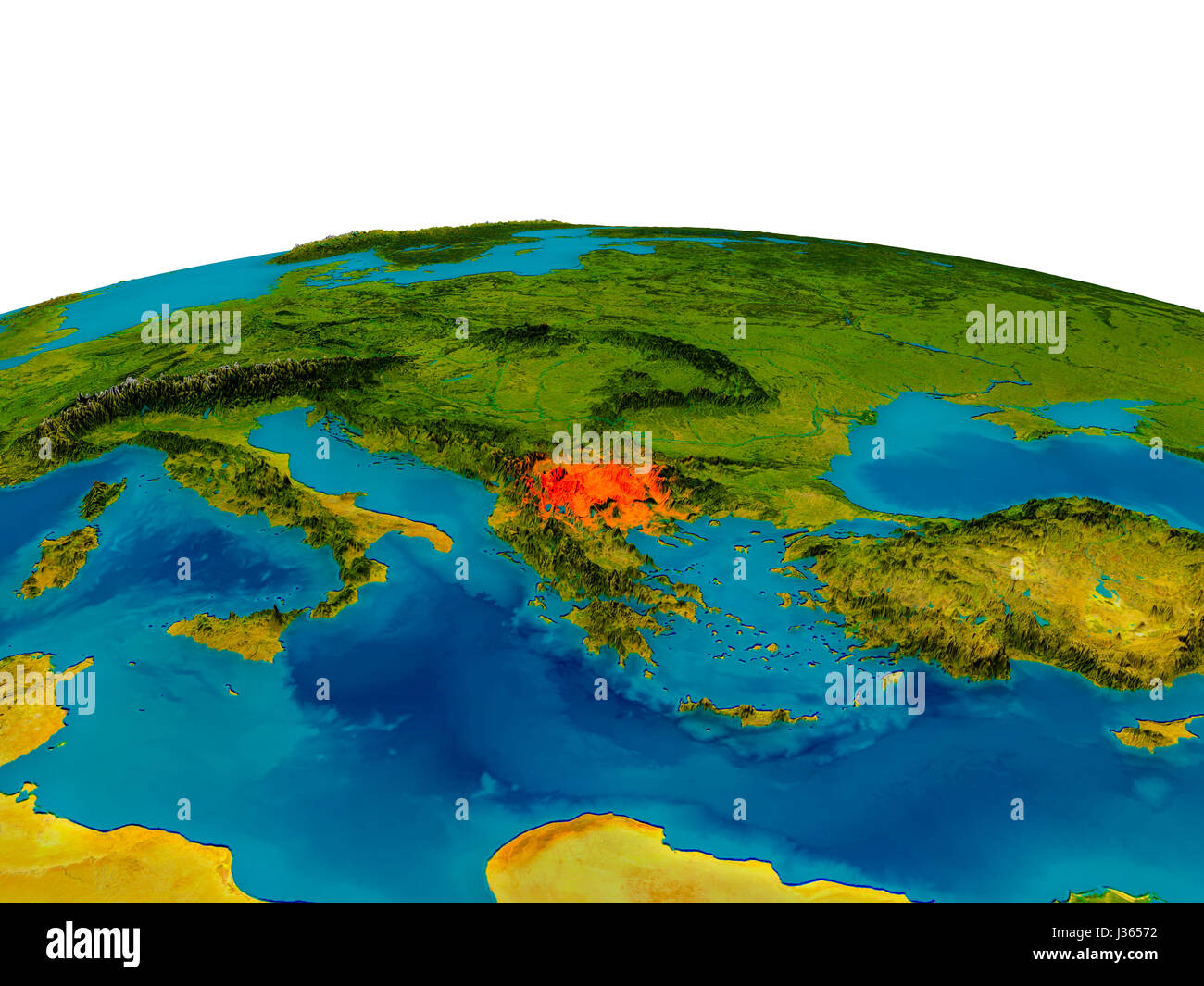 Macedonia highlighted in red on detailed model of planet Earth. 3D ...