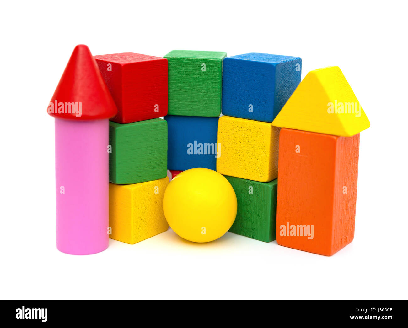 different color and shape wooden toy blocks on white background Stock ...