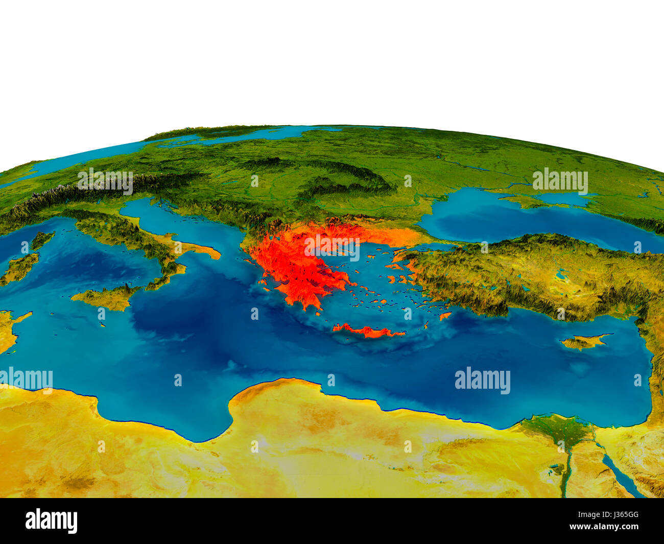 Greece highlighted in red on detailed model of planet Earth. 3D ...