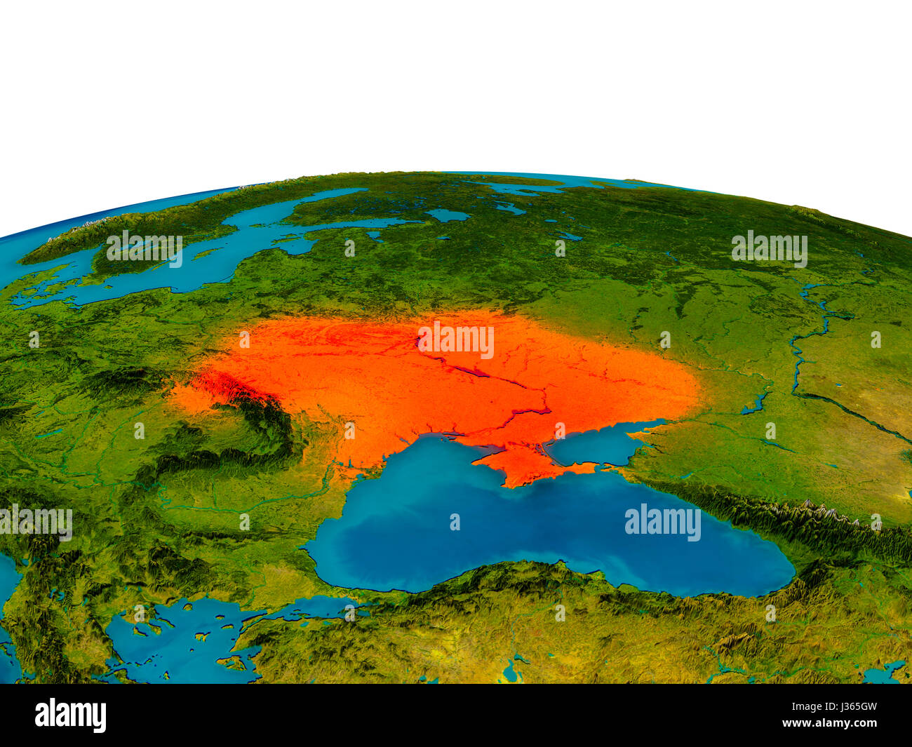 Ukraine highlighted in red on detailed model of planet Earth. 3D ...