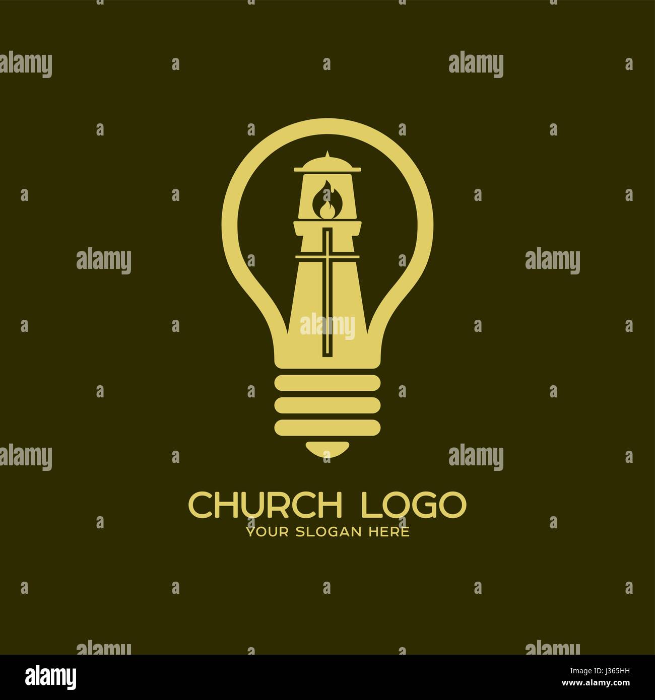 Church logo. Christian symbols. The lamp, the lighthouse and the cross ...
