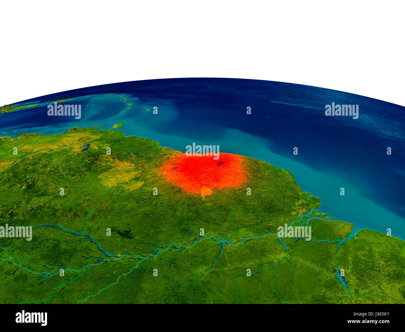 Suriname highlighted in red on detailed model of planet Earth. 3D ...