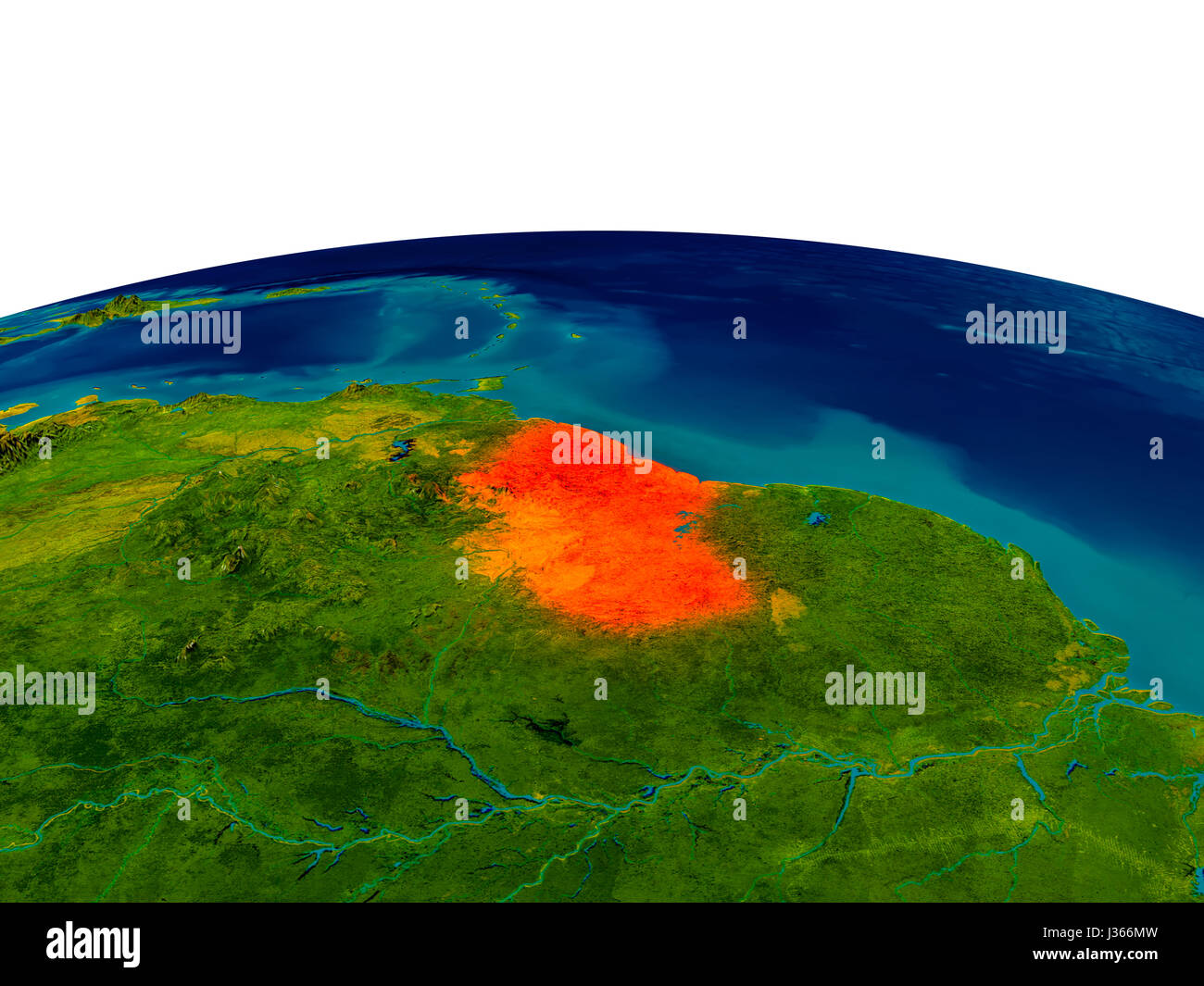 Guyana highlighted in red on detailed model of planet Earth. 3D ...