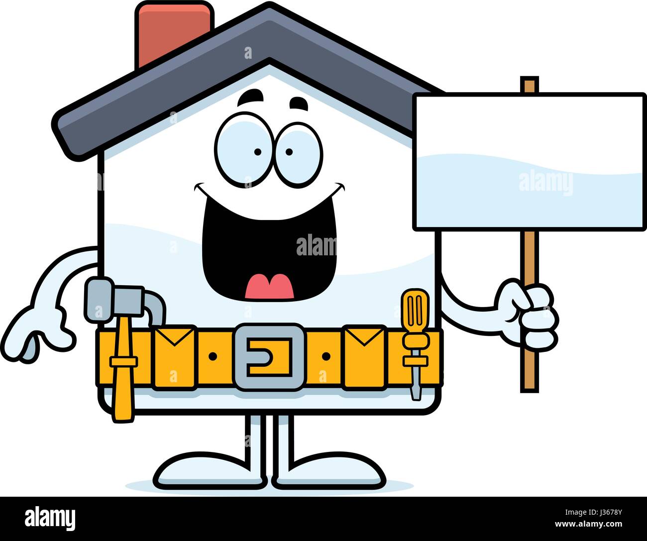 A cartoon illustration of a home improvement house holding a sign Stock ...