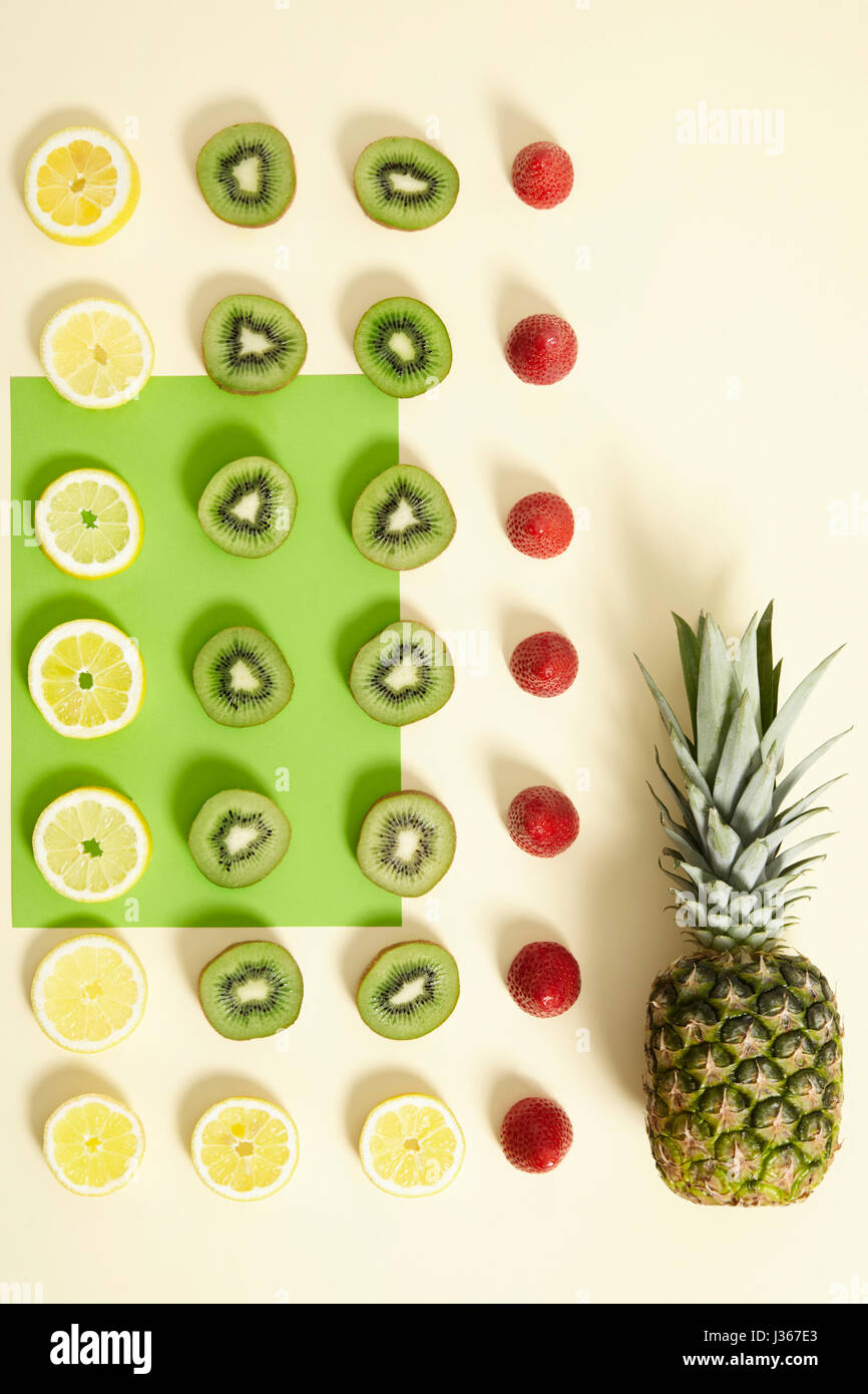 Colourful fruit lined up in rows, top view Stock Photo - Alamy