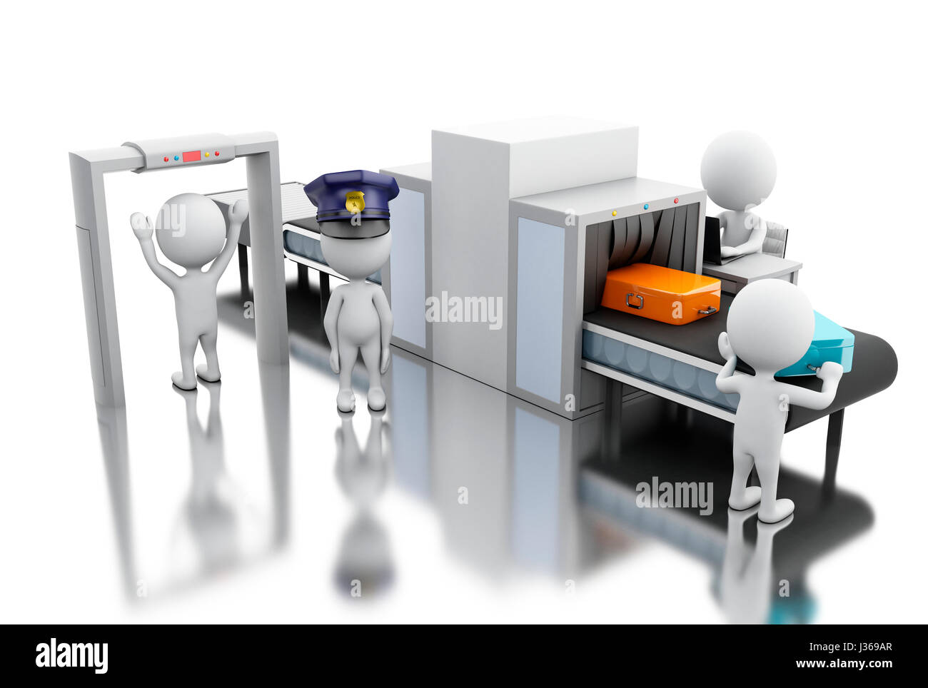 3d render illustration. White people whit custom scanner at the airport ...