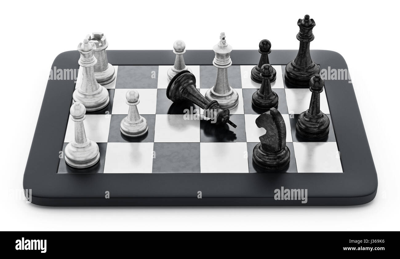 Black and white chess pieces standing on tablet computer. 3D ...